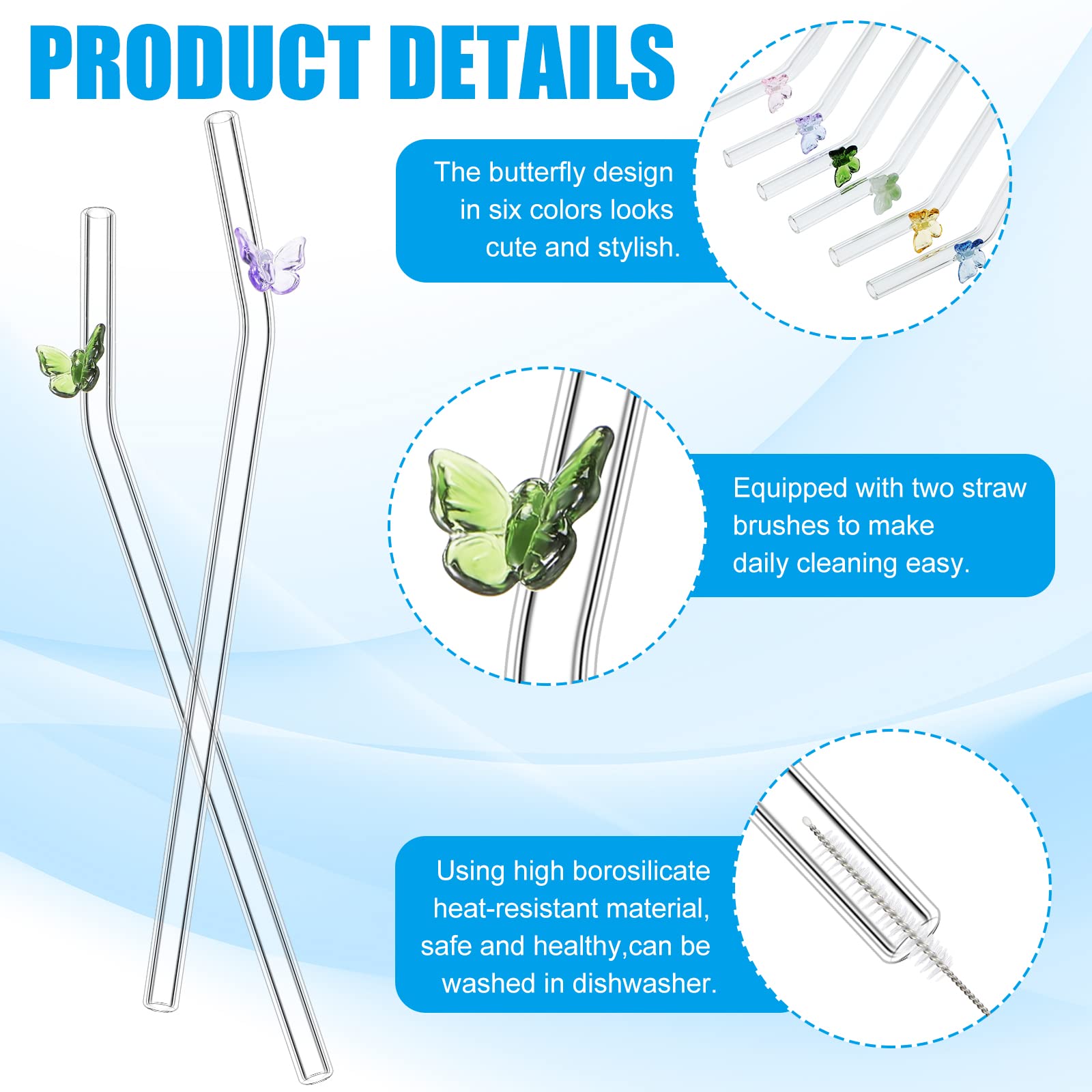 eBoot 6 Pcs Reusable Glass Straws Bent with Design, 8 mm x 7.9 in Colorful Clear Straws Glass with Cleaning Brush for Smoothie Cocktail Juice Shakes Beverages (Bright Colors, Butterfly)