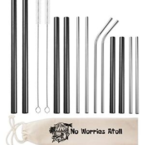 No Worries Atoll Reusable Metal Stainless Steel Straw Set of 12 Short 6” Cocktail 8.5” Smoothie and 10.5” Tumbler Drinking Straws Black and Silver Home Bar Backyard Essentials