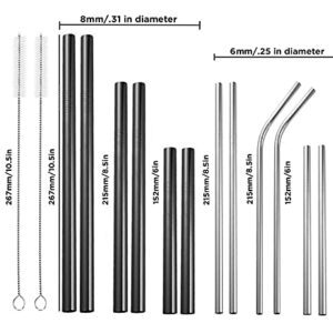 No Worries Atoll Reusable Metal Stainless Steel Straw Set of 12 Short 6” Cocktail 8.5” Smoothie and 10.5” Tumbler Drinking Straws Black and Silver Home Bar Backyard Essentials