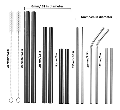 No Worries Atoll Reusable Metal Stainless Steel Straw Set of 12 Short 6” Cocktail 8.5” Smoothie and 10.5” Tumbler Drinking Straws Black and Silver Home Bar Backyard Essentials