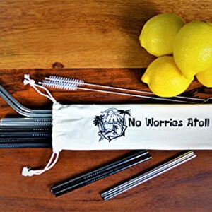 No Worries Atoll Reusable Metal Stainless Steel Straw Set of 12 Short 6” Cocktail 8.5” Smoothie and 10.5” Tumbler Drinking Straws Black and Silver Home Bar Backyard Essentials