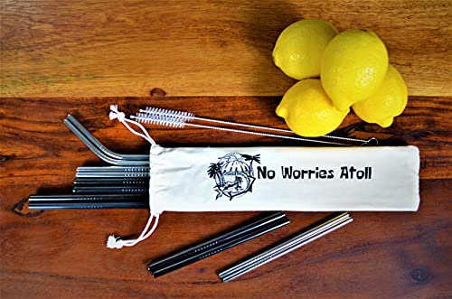 No Worries Atoll Reusable Metal Stainless Steel Straw Set of 12 Short 6” Cocktail 8.5” Smoothie and 10.5” Tumbler Drinking Straws Black and Silver Home Bar Backyard Essentials