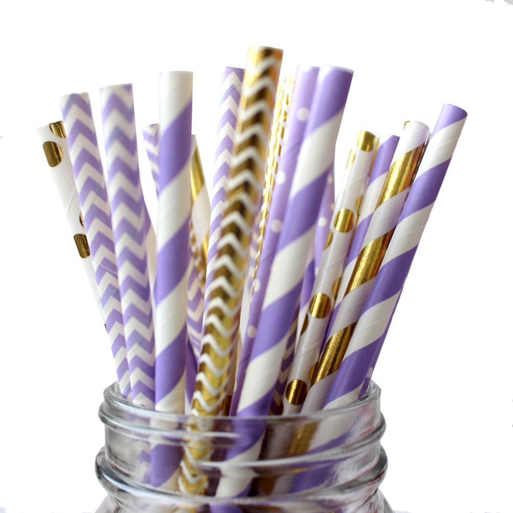 IPALMAY Purple and Gold Biodegradable Drinking Paper Straws, Striped Polka Dot Chevron, 7.75 Inches, Pack of 150