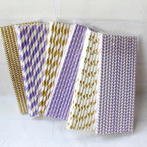 IPALMAY Purple and Gold Biodegradable Drinking Paper Straws, Striped Polka Dot Chevron, 7.75 Inches, Pack of 150