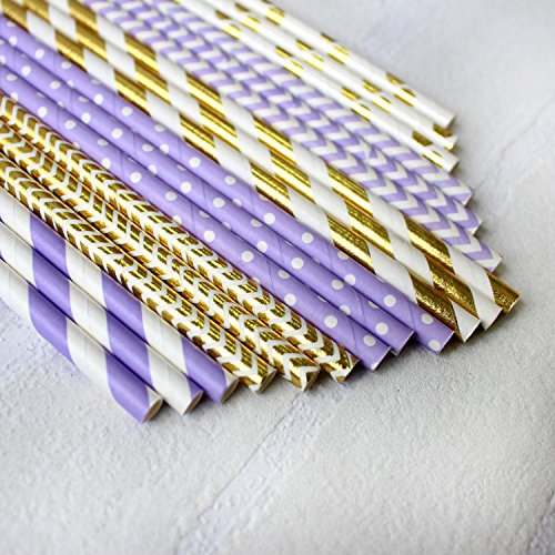 IPALMAY Purple and Gold Biodegradable Drinking Paper Straws, Striped Polka Dot Chevron, 7.75 Inches, Pack of 150