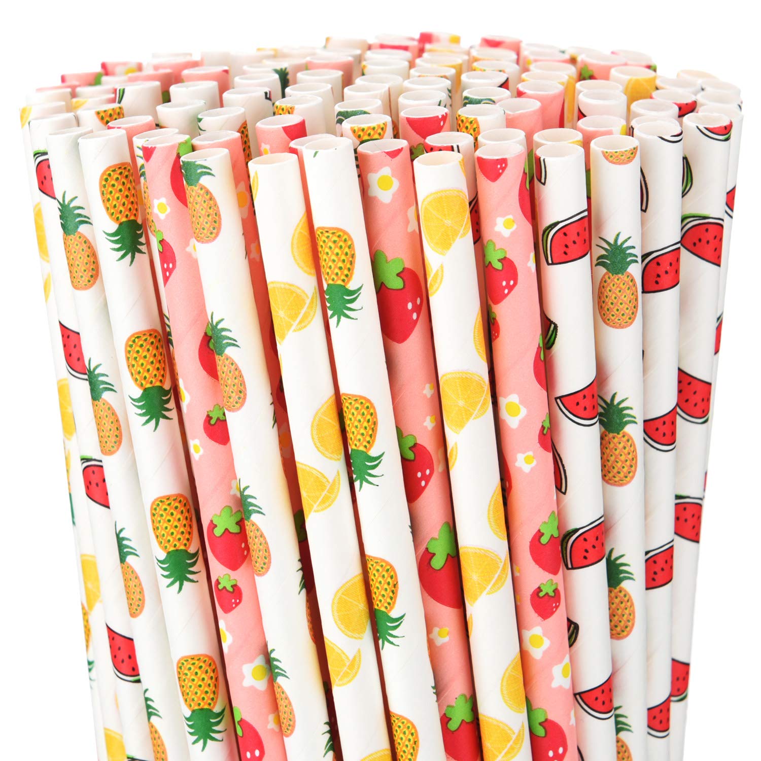 200 Pieces Paper Straws Fruit Pattern Drinking Straws Strawberry Pineapple Orange Paper Straws 7.75 Inches Hawaiian Party Drinking Straws for Cocktail Summer Birthday Luau Party Supplies