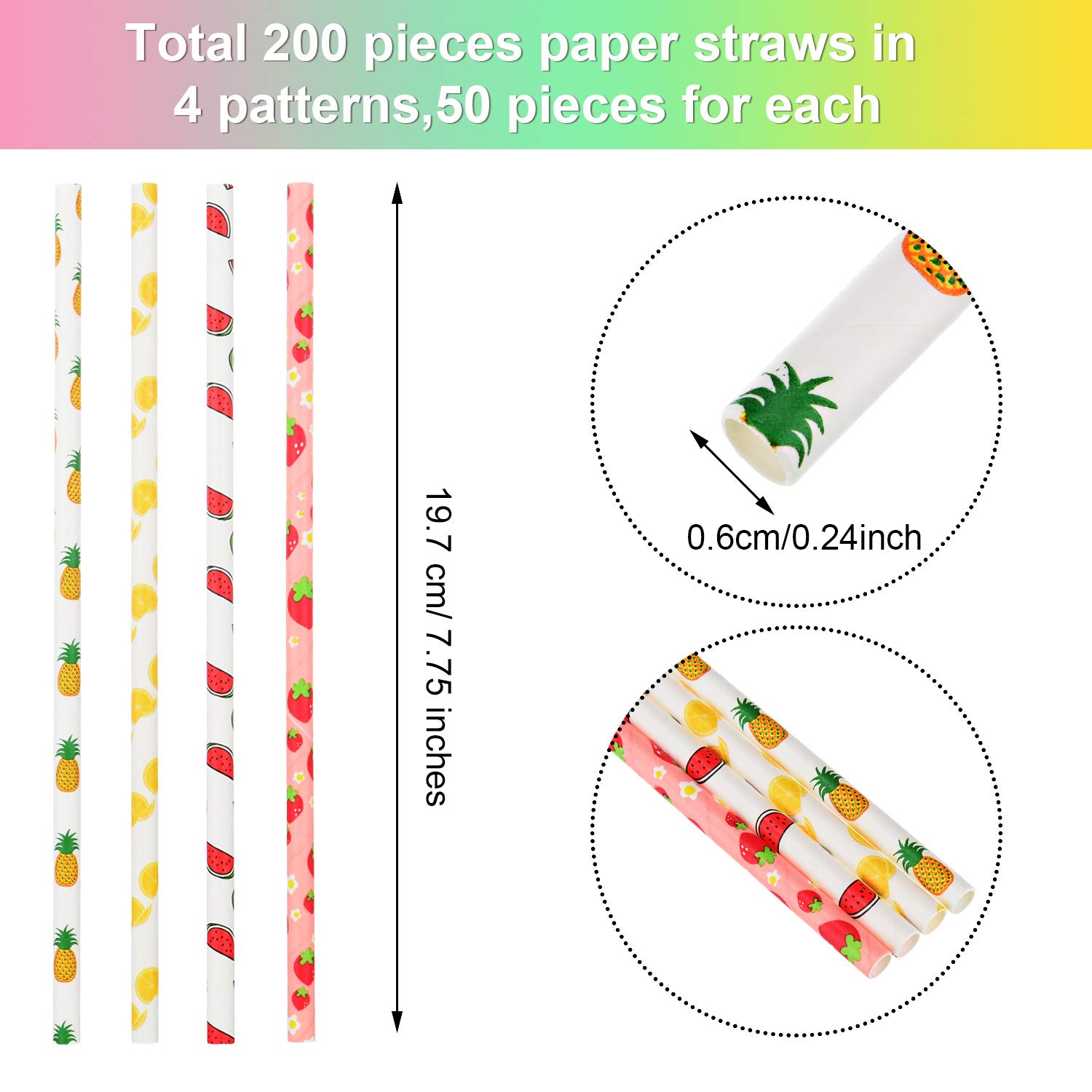 200 Pieces Paper Straws Fruit Pattern Drinking Straws Strawberry Pineapple Orange Paper Straws 7.75 Inches Hawaiian Party Drinking Straws for Cocktail Summer Birthday Luau Party Supplies