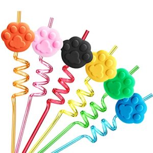 24 paw print drinking straws with 2 pcs patrol straws cleaning brush for pet dog puppy pals cat birthday party supplies decorations favors