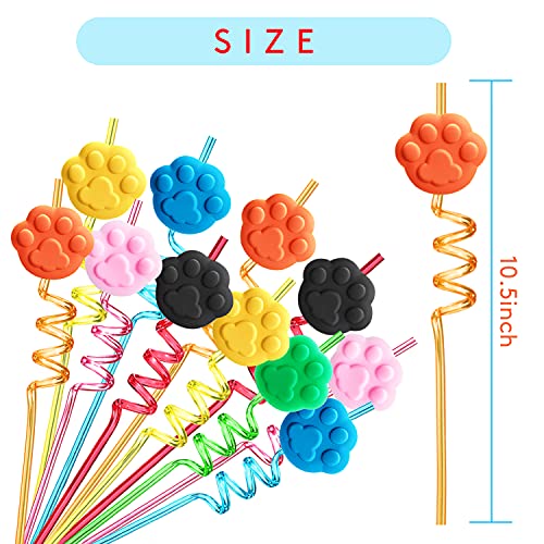 24 Paw Print Drinking Straws with 2 PCS Patrol Straws Cleaning Brush for Pet Dog Puppy Pals Cat Birthday Party Supplies Decorations Favors