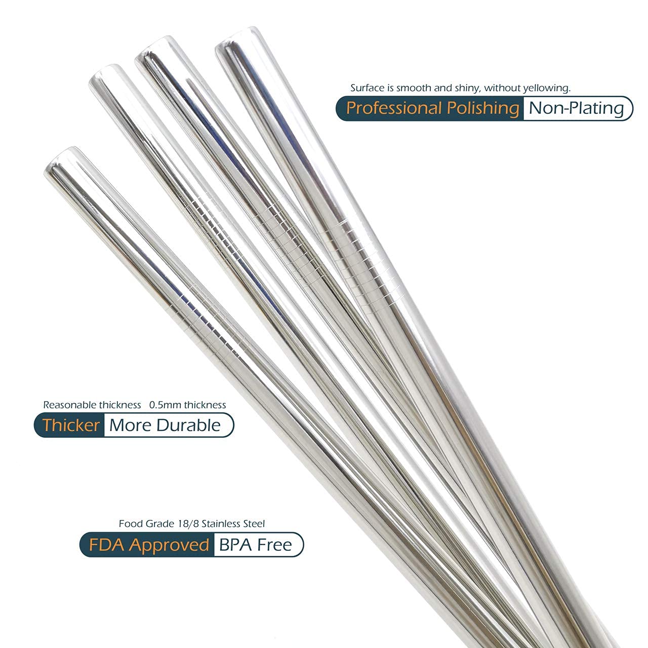 Super Big Drinking Straws Set 12" Extra Long 1/2" Extra Wide Reusable 304 Food-Grade 18/8 Stainless Steel for Frozen Drinks Boba Bubble Tea Smoothies and Shakes - Set of 4 with 2 Cleaning Brushes