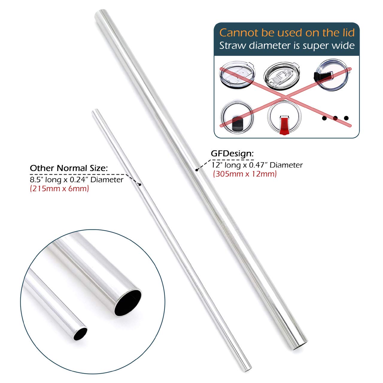 Super Big Drinking Straws Set 12" Extra Long 1/2" Extra Wide Reusable 304 Food-Grade 18/8 Stainless Steel for Frozen Drinks Boba Bubble Tea Smoothies and Shakes - Set of 4 with 2 Cleaning Brushes