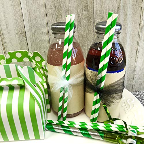 Green and White Paper Straws - Stripe Chevron Polka Dot - Birthday Christmas St Patrick's Day Supply - 100 Pack Outside the Box Papers