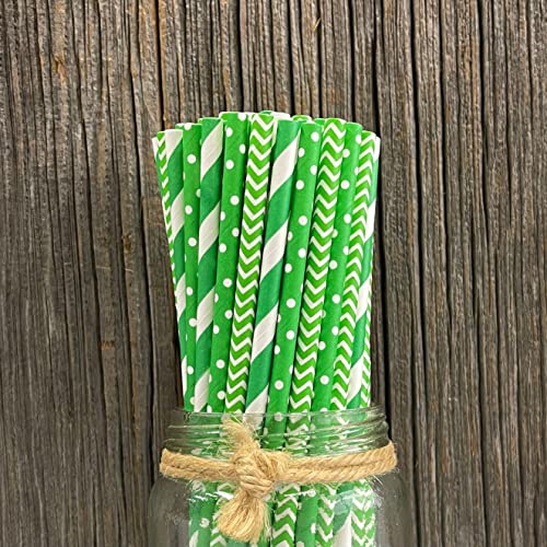 Green and White Paper Straws - Stripe Chevron Polka Dot - Birthday Christmas St Patrick's Day Supply - 100 Pack Outside the Box Papers