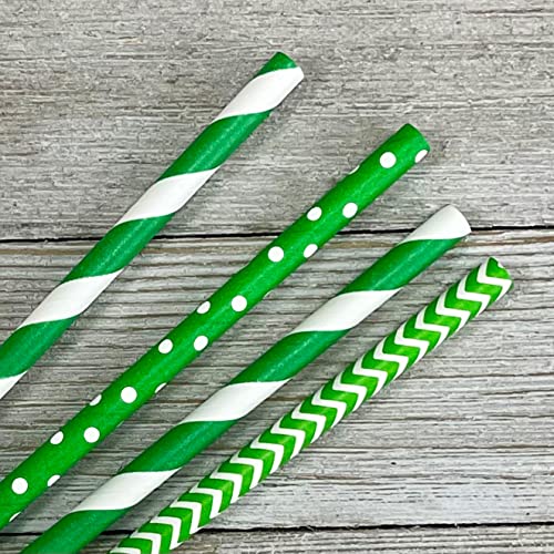 Green and White Paper Straws - Stripe Chevron Polka Dot - Birthday Christmas St Patrick's Day Supply - 100 Pack Outside the Box Papers