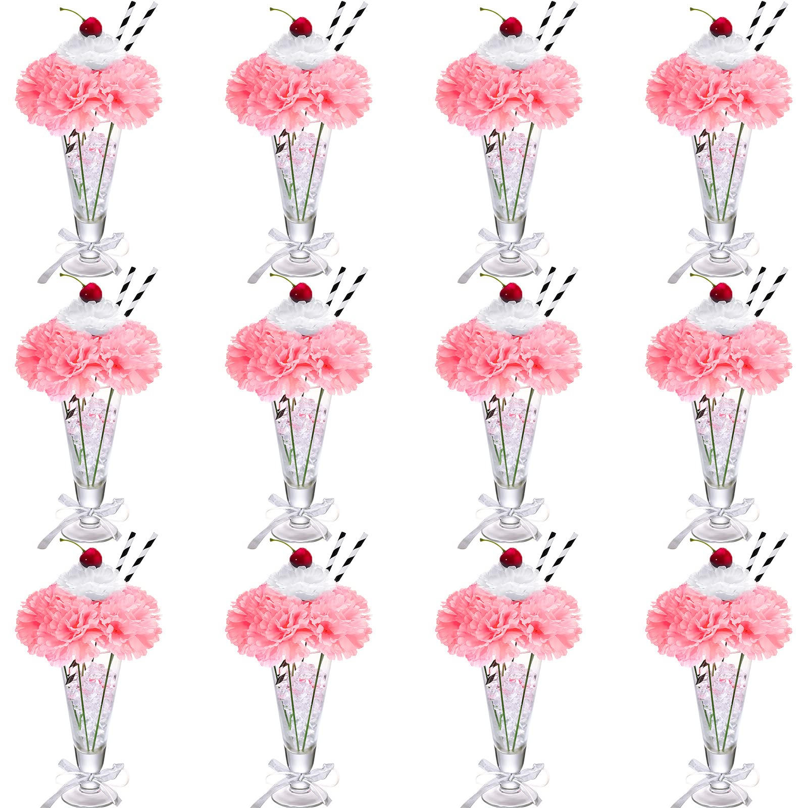 50's Soda Shop Party Decor, Artificial Silk Carnation Picks Set Include White Pink Carnation Flowers and Lifelike Cherries with Paper Straws for DIY Rock and Roll, Containor Wasn't Included (116 Pcs)