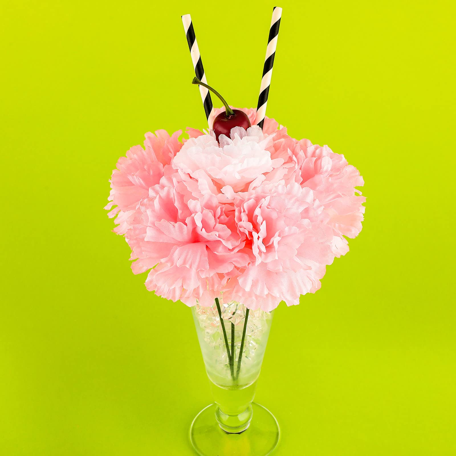 50's Soda Shop Party Decor, Artificial Silk Carnation Picks Set Include White Pink Carnation Flowers and Lifelike Cherries with Paper Straws for DIY Rock and Roll, Containor Wasn't Included (116 Pcs)