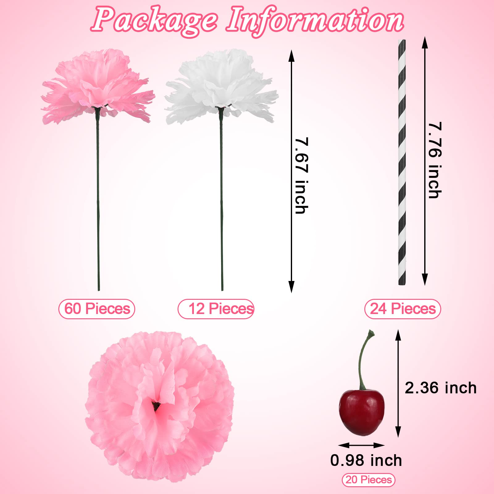 50's Soda Shop Party Decor, Artificial Silk Carnation Picks Set Include White Pink Carnation Flowers and Lifelike Cherries with Paper Straws for DIY Rock and Roll, Containor Wasn't Included (116 Pcs)