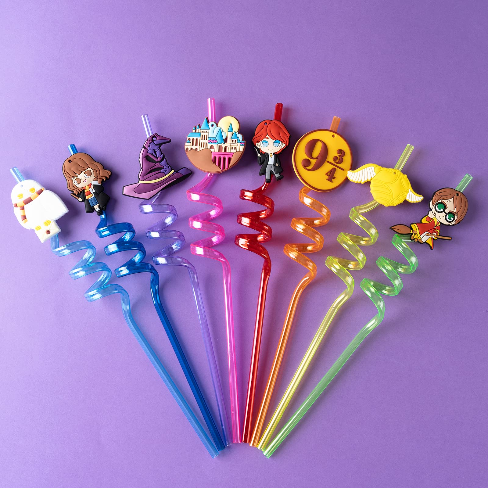 24Pcs Birthday Party Supplies Reusable Drinking Straws,8 Designs Magic Wizard Themed Party Favors with 2 Cleaning Brush