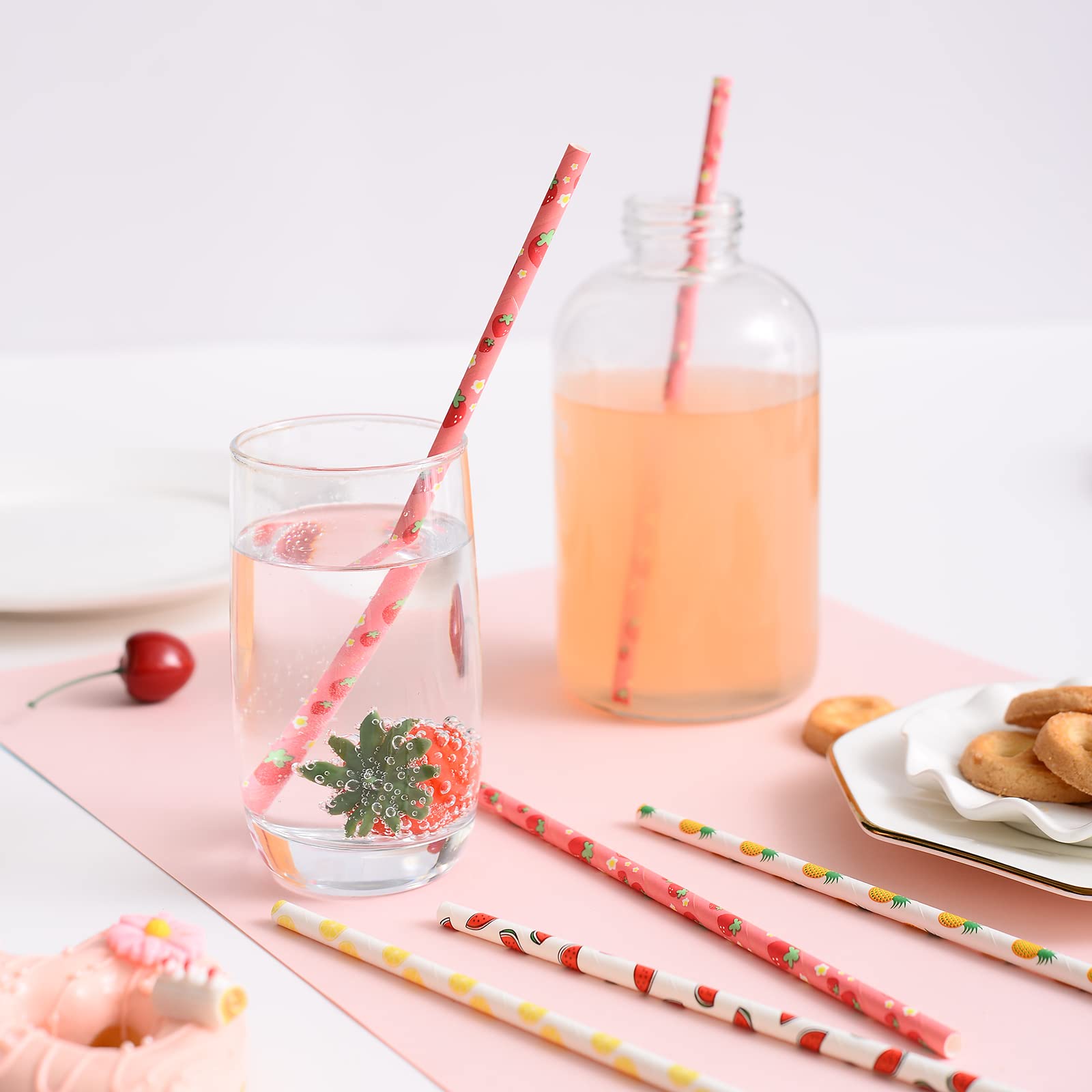 YAOSHENG Fruits Paper Straws, Pack 100 for Party Supplies,Birthday,Wedding,Bridal/Baby Shower,Juice, shakes,Smoothies