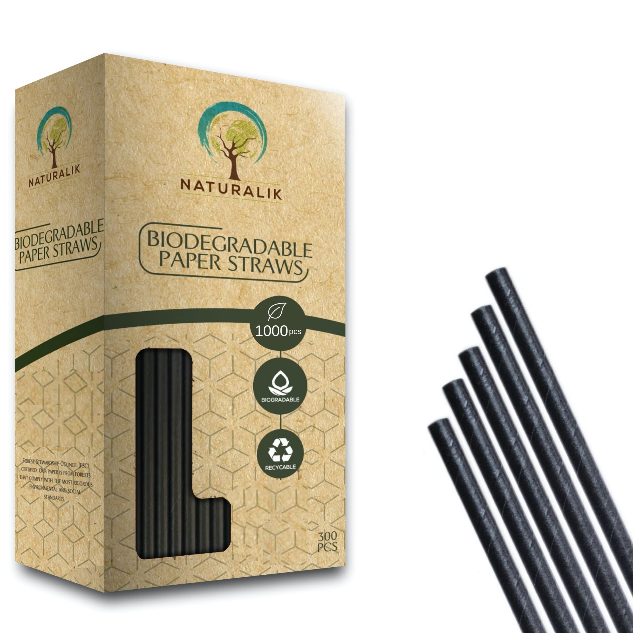 Naturalik 1000-Pack Biodegradable Black Paper Straws Extra Durable Dye-Free- Eco-Friendly Sturdy Black Paper Straws Bulk- Drinking Straws for Smoothies, Restaurants and Party Decorations