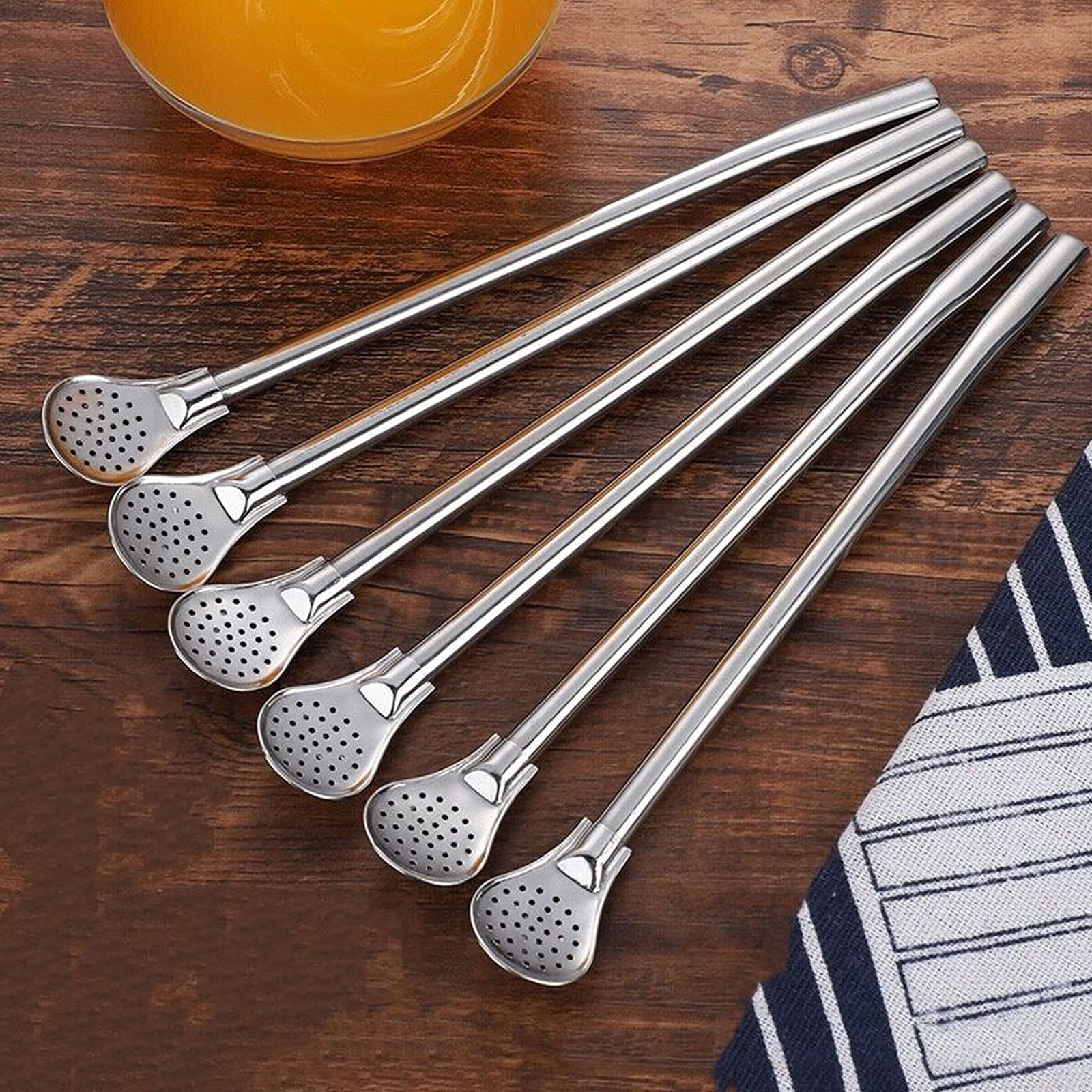 EvaGO Reusable Stainless Steel Drinking Straws with Filter Spoon 6 Pieces Yerba Mate Tea Bombilla Drinking Straws with 2 Pieces Cleaning Brushes Set, 7.1inch Long