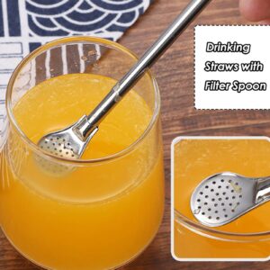 EvaGO Reusable Stainless Steel Drinking Straws with Filter Spoon 6 Pieces Yerba Mate Tea Bombilla Drinking Straws with 2 Pieces Cleaning Brushes Set, 7.1inch Long