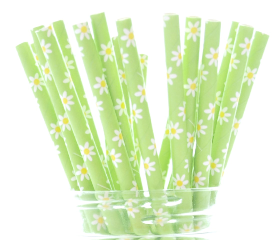 Green Daisy Flowers Straws (25 Pack) - Summer Daisies Flower Party Supplies, Green Floral Wedding Straws, Garden Party Straws