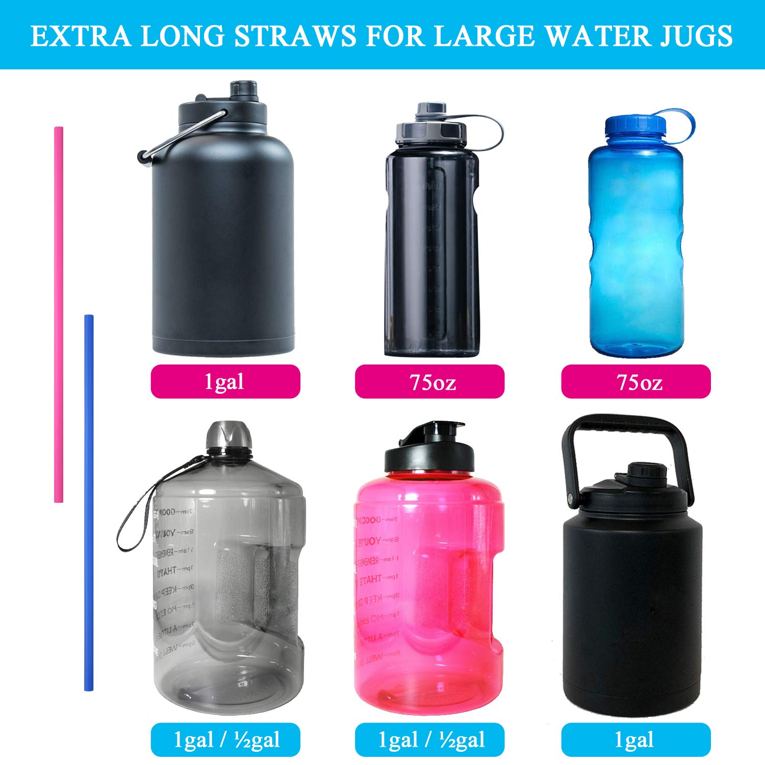 Hiware Extra Long 14.5" Reusable Silicone Straws for 128 oz/ 1 Gallon Water Bottle, Gallon Water Jug - 2 Pack Flexible Drinking Straws for Extra Tall Cups and Giant Mugs with Cleaning Brush