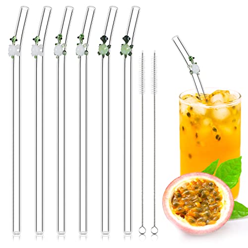 6 Pcs Glass Straw with Design Shatter Resistant Straws Reusable Clear Bent Cute Straws 8 mm x 7.9 Inch with 2 Pcs Cleaning Brush for Drinking Smoothie Cocktail Shakes Beverages (Turtle)