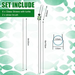 6 Pcs Glass Straw with Design Shatter Resistant Straws Reusable Clear Bent Cute Straws 8 mm x 7.9 Inch with 2 Pcs Cleaning Brush for Drinking Smoothie Cocktail Shakes Beverages (Turtle)