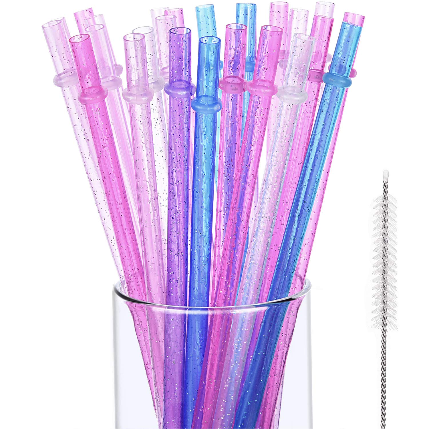 25 Pieces Reusable Glitter Clear Plastic Straws Rainbow Colored Drinking Straws 9 Inches Long Hard Tumbler Replacement Straws with Cleaning Brush Straws Cleaner