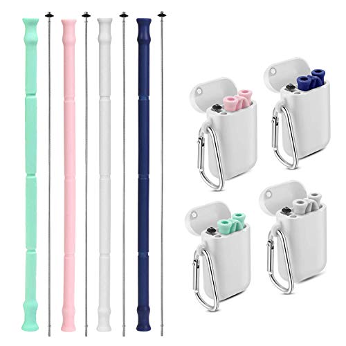 Vantic Collapsible Reusable Silicone Straws - 4Packs Portable Folding Drinking Straw BPA Free with Travel Case & Cleaning Brush for 16 or 20 or 30 oz Tumblers - Blue/Teal/Pink/Gray