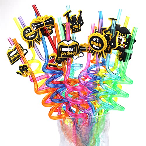 24Pcs Graduation Theme Straws, Graduation Cap Party Favors Disposable Bachelor's Clothing Straws Graduation Decorations Drinking Straws for Juices Shakes Summer Cocktail Graduation Party Supplies