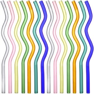 14 pieces 8 x 200 mm wavy high borosilicate transparent glass straws cute colored glass straws fun clear hard reusable straws for beverages, coffee, milk, tea straws kids (bright colors)