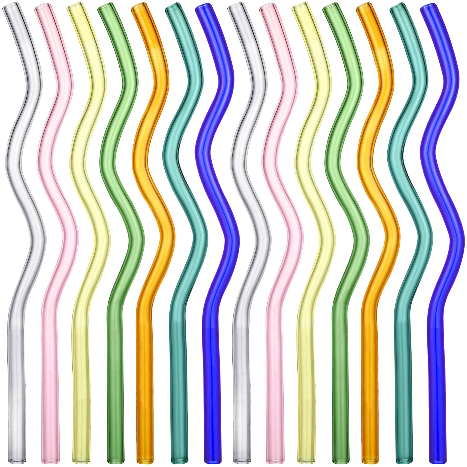 14 Pieces 8 x 200 mm Wavy High Borosilicate Transparent Glass Straws Cute Colored Glass Straws Fun Clear Hard Reusable Straws for Beverages, Coffee, Milk, Tea Straws Kids (Bright Colors)