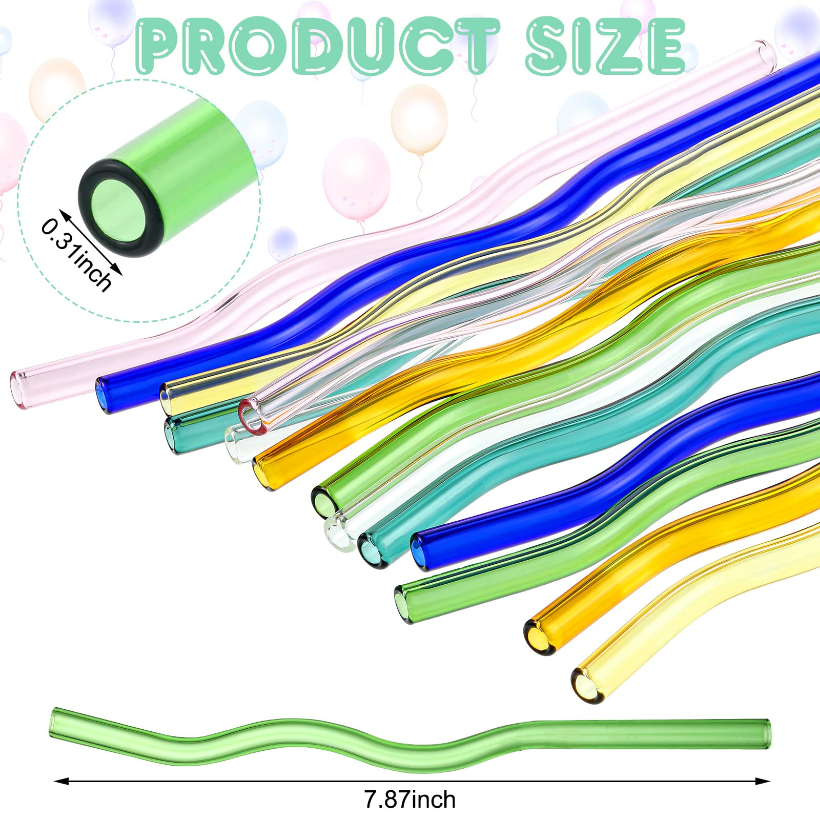 14 Pieces 8 x 200 mm Wavy High Borosilicate Transparent Glass Straws Cute Colored Glass Straws Fun Clear Hard Reusable Straws for Beverages, Coffee, Milk, Tea Straws Kids (Bright Colors)