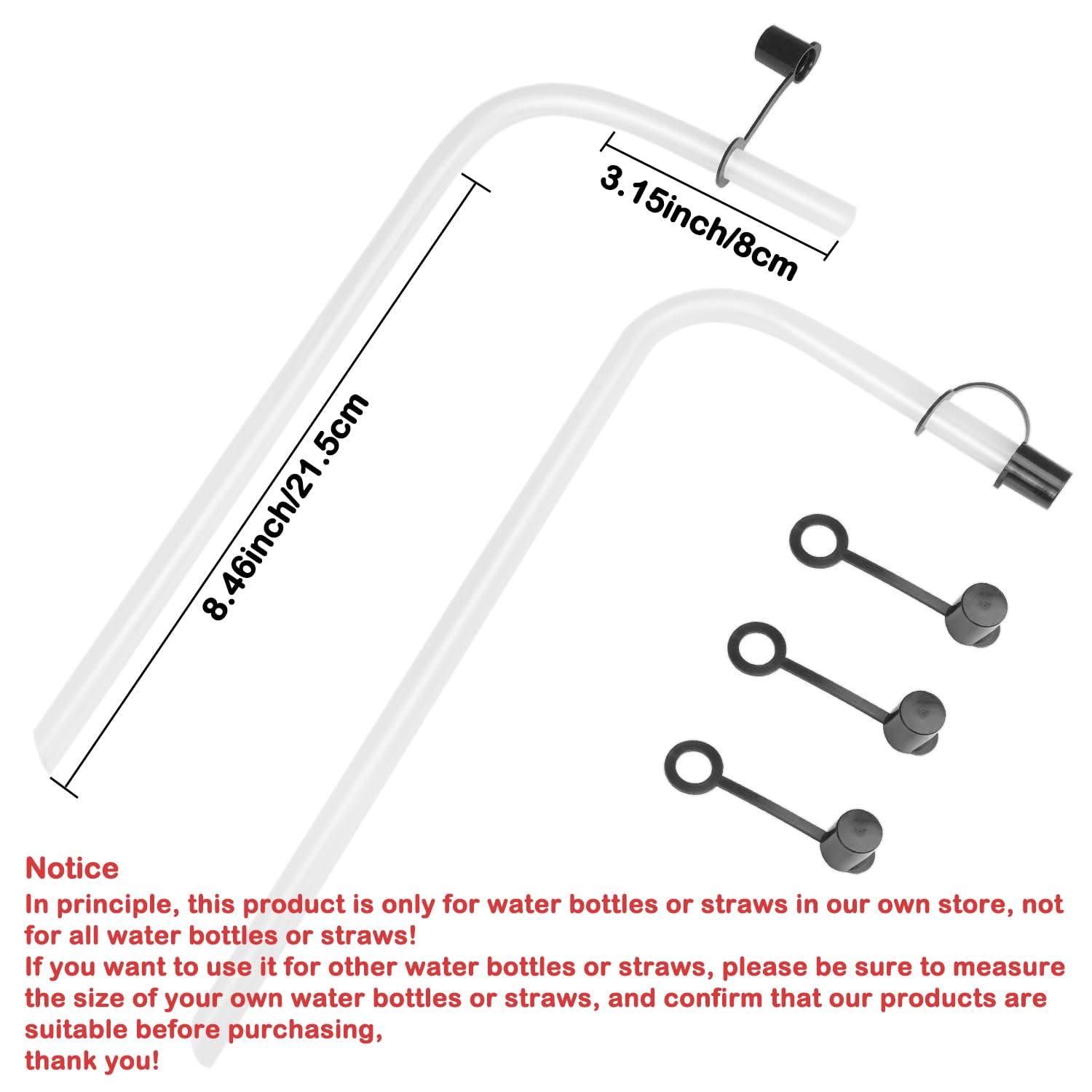 SolForis 2 Long Straws with 5 Lids for Hockey Water Bottles 32oz, Plastic Accessories for Football Lacrosse Gym Sport Squeezable Bottle for 0.358in Diameter Straws (2 Straws+5 Caps)