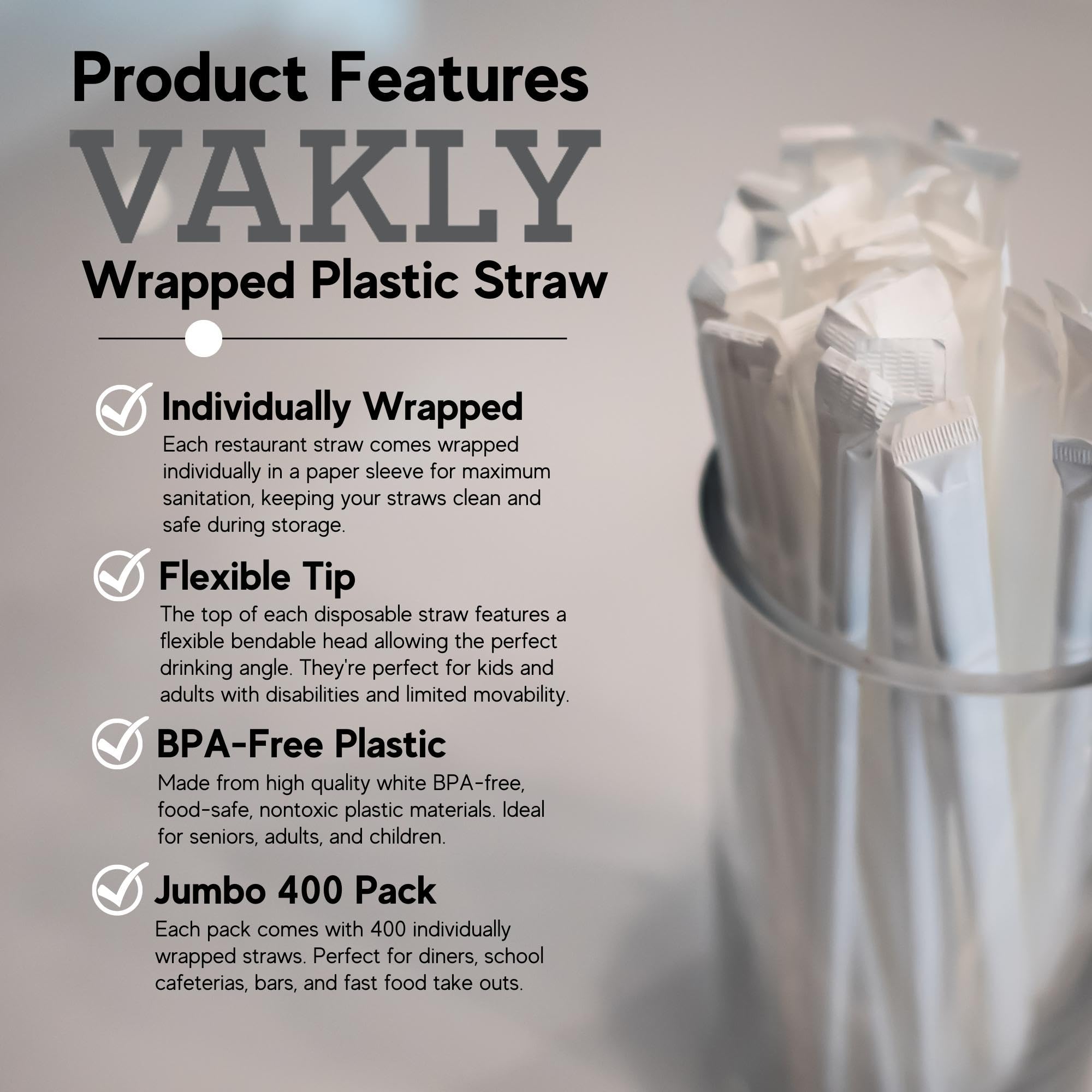 Individually Wrapped Plastic Drinking Straws 7.75'' [400 Pack] Each Individual Restaurant Style Sipping Straw Packaged In Paper Sleeves – White Disposable Flexible BPA-free Food Safe Plastic - (400)