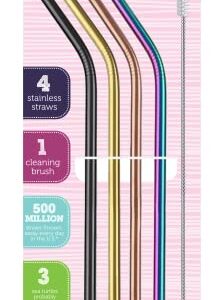 Ello Impact Stainless Steel Reusable Straws with Cleaning Brush, 4 Piece, Metallics