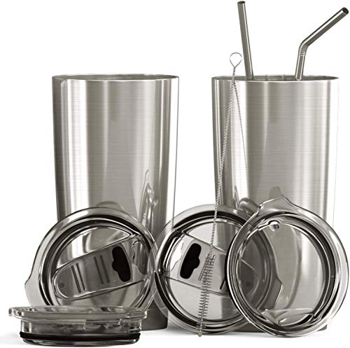 BluePeak Double Wall Vacuum Stainless Steel Insulated Tumblers Set, 2-Pack - Includes 2 Sipping Lids, 2 Spill-Proof Sliding Lids, 2 Straws, 1 Cleaning Brush & Gift Box (20 oz, Silver)