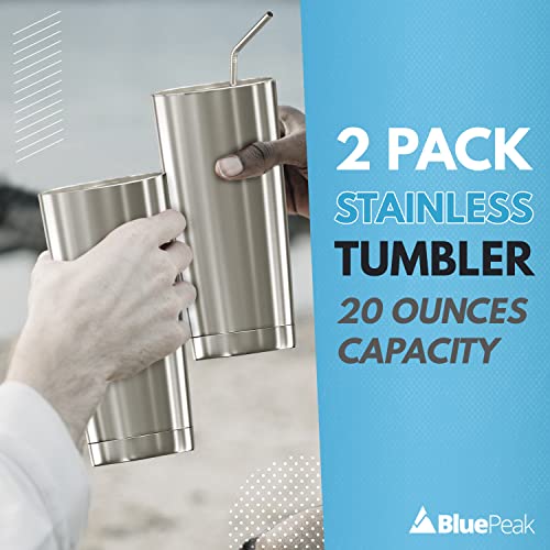 BluePeak Double Wall Vacuum Stainless Steel Insulated Tumblers Set, 2-Pack - Includes 2 Sipping Lids, 2 Spill-Proof Sliding Lids, 2 Straws, 1 Cleaning Brush & Gift Box (20 oz, Silver)