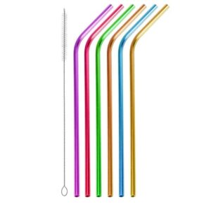 6pcs 10.5"drinking straws, stainless steel straws, reusable metal straws, rainbow colorful straws for 20 30oz stainless tumblers rumblers cold beverage, free cleaning brush included, bent