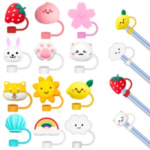 12 pack silicone straw covers reusable straw toppers drinking straw caps for 6-8 mm straws cute portable straw tips cover