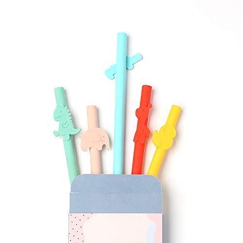 Kids Reusable Silicone Drinking Straws - Colorful Fun Animal Styled - Eco Friendly - Food Grade Silicone - Safe Non-Toxic - FREE Cleaning Brush