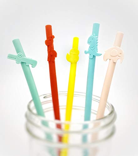 Kids Reusable Silicone Drinking Straws - Colorful Fun Animal Styled - Eco Friendly - Food Grade Silicone - Safe Non-Toxic - FREE Cleaning Brush