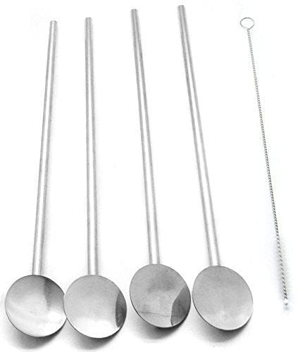 4 Spoon Straws Stirrer Stainless Steel 4 Pack + Cleaning Brush Drinking Straws Metal Reuseable Drinking Mixing Cocktail Eco Friendly Green