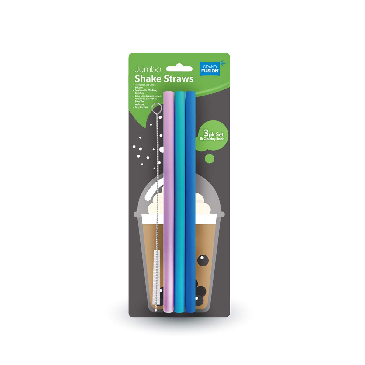 Grand Fusion Jumbo Size Silicone Reusable Straws and Brush Set, Contains 3 Reusable Silicone Straws and 1 Brush, Reusable Boba Straws