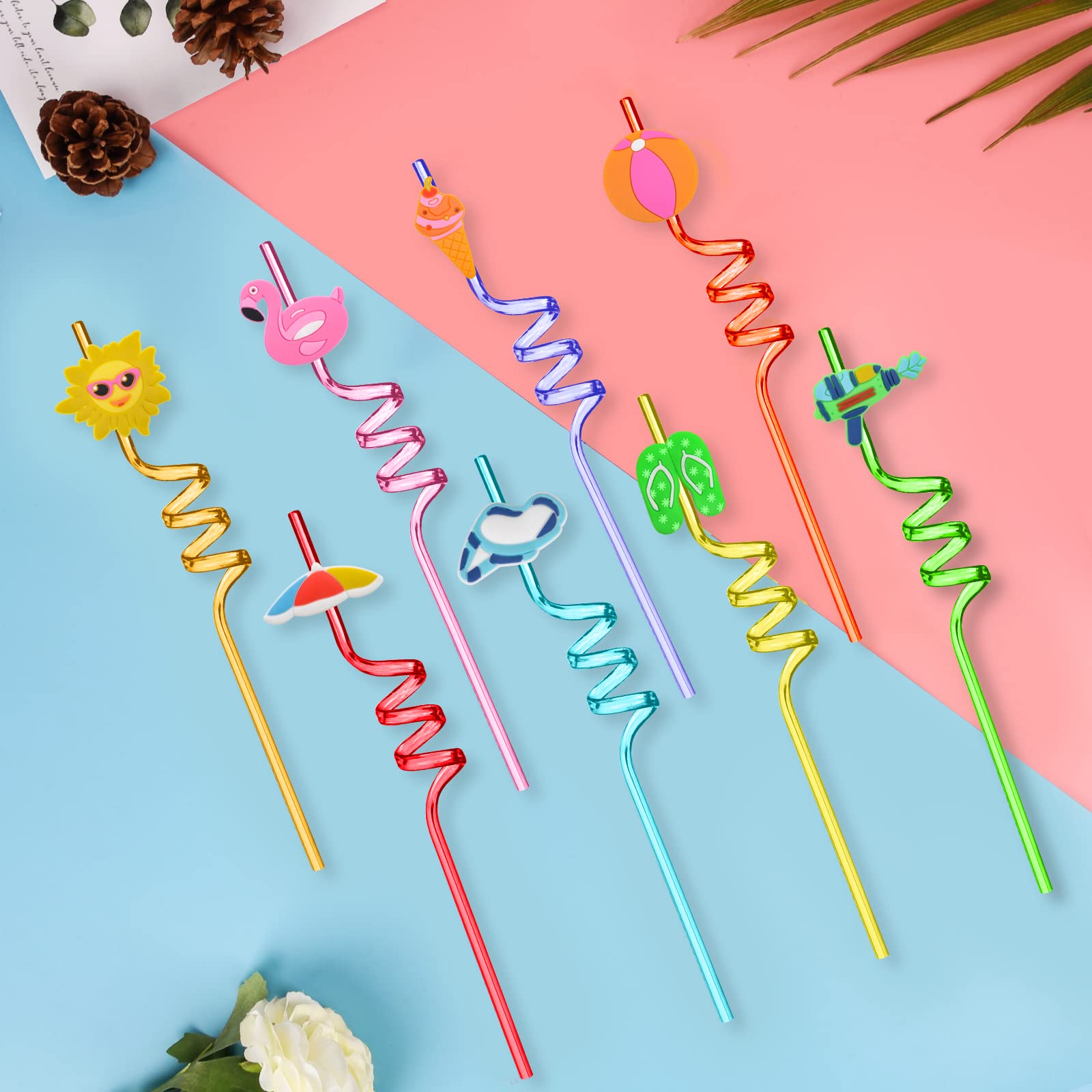 Beach drinking straws for pool parties, beach parties, beach ball summer parties, children's birthday decorations, 24crazy straws and 2 cleaning brushes