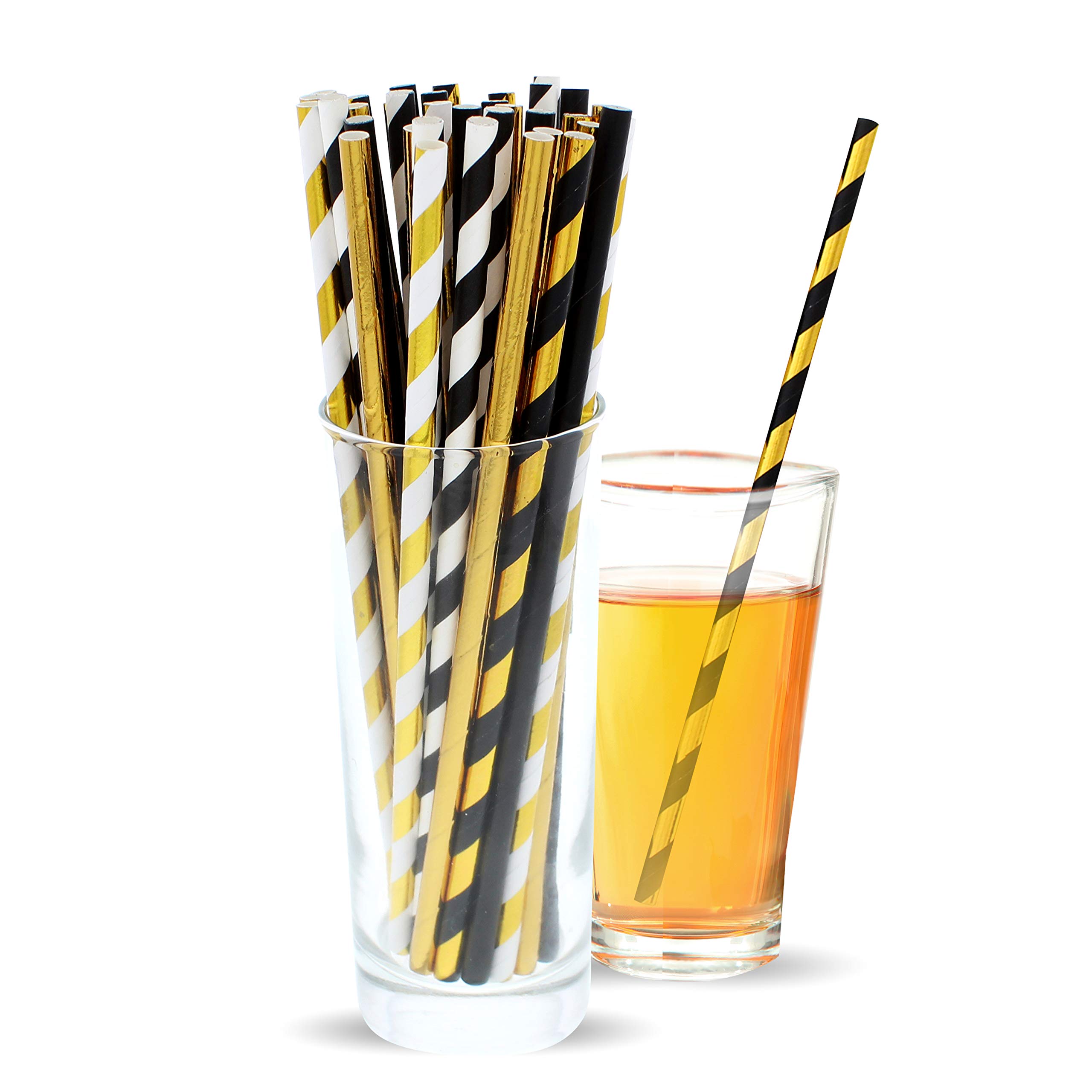 Party On Tap Black and Gold Straws - Great for Gold Party Decorations, Graduation, Bachelorette, Wedding, New Years Eve Parties - 125 Biodegradable Disposable Paper Straw Pack