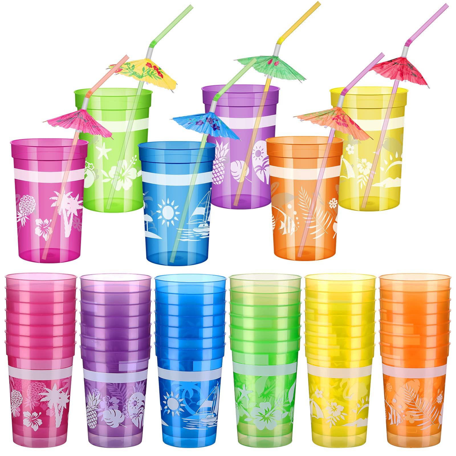 100 Pcs 12 Oz Hawaiian Luau Plastic Party Cups 100 Pcs 9.45 Inch Umbrella Parasol Drinking Straws Umbrella Straws for Cocktail Juice Milkshake Beach Hawaiian Party Luau Summer Decorations Supplies